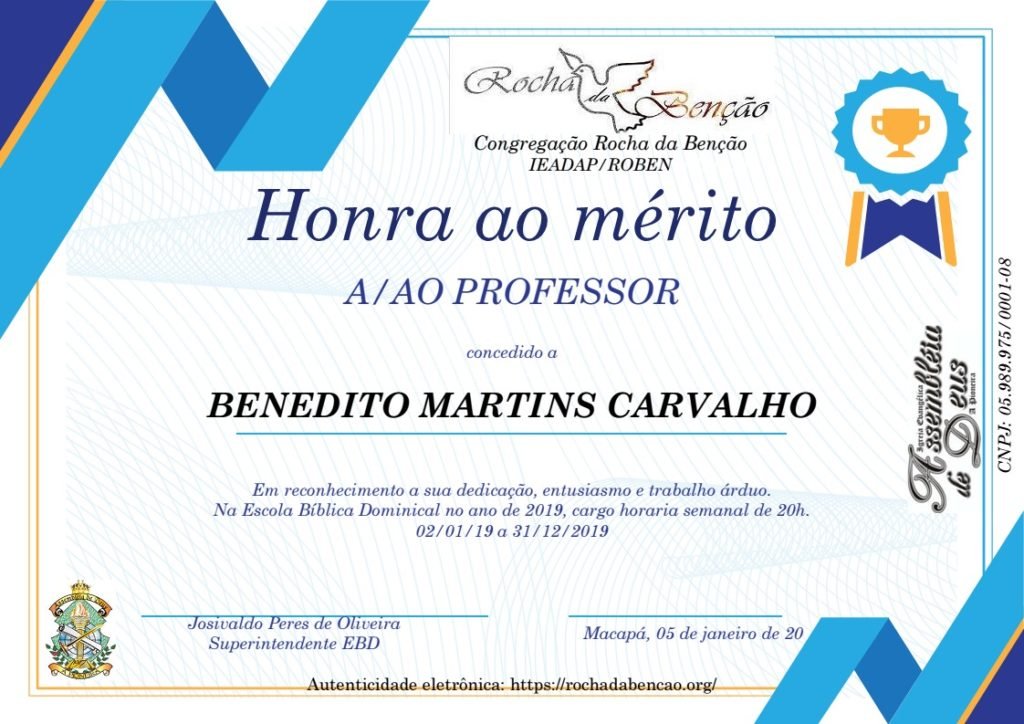 Certificado Honra ao Mérito – EBD 2019 (Professores) – IEADAP/RoBen